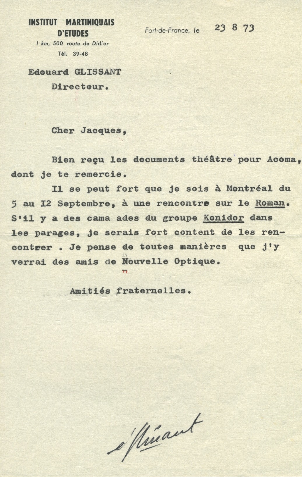 Letter from Edouard Glissant to Jacques Rey-Charlier – 1973 – Kouidor ...